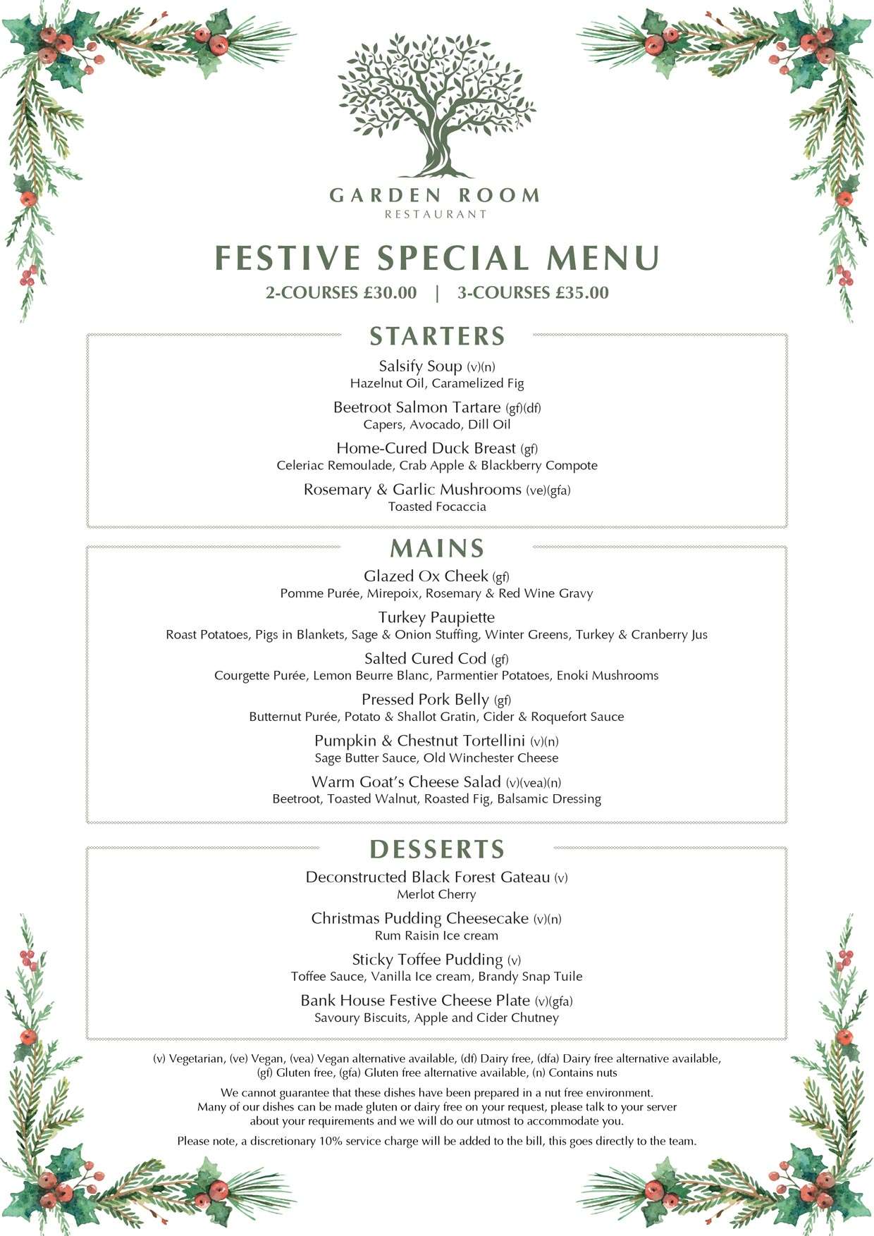 Festive Menu | Garden Room Restaurant | Bank House Hotel